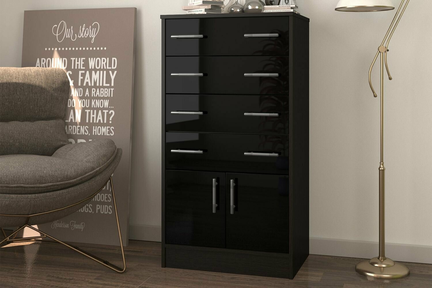 Комод Ричард 4.2 60х42х114 МДФ глянец черный BS 1314-55, корпус венге цаво, 4 ящика и 2 дверцы