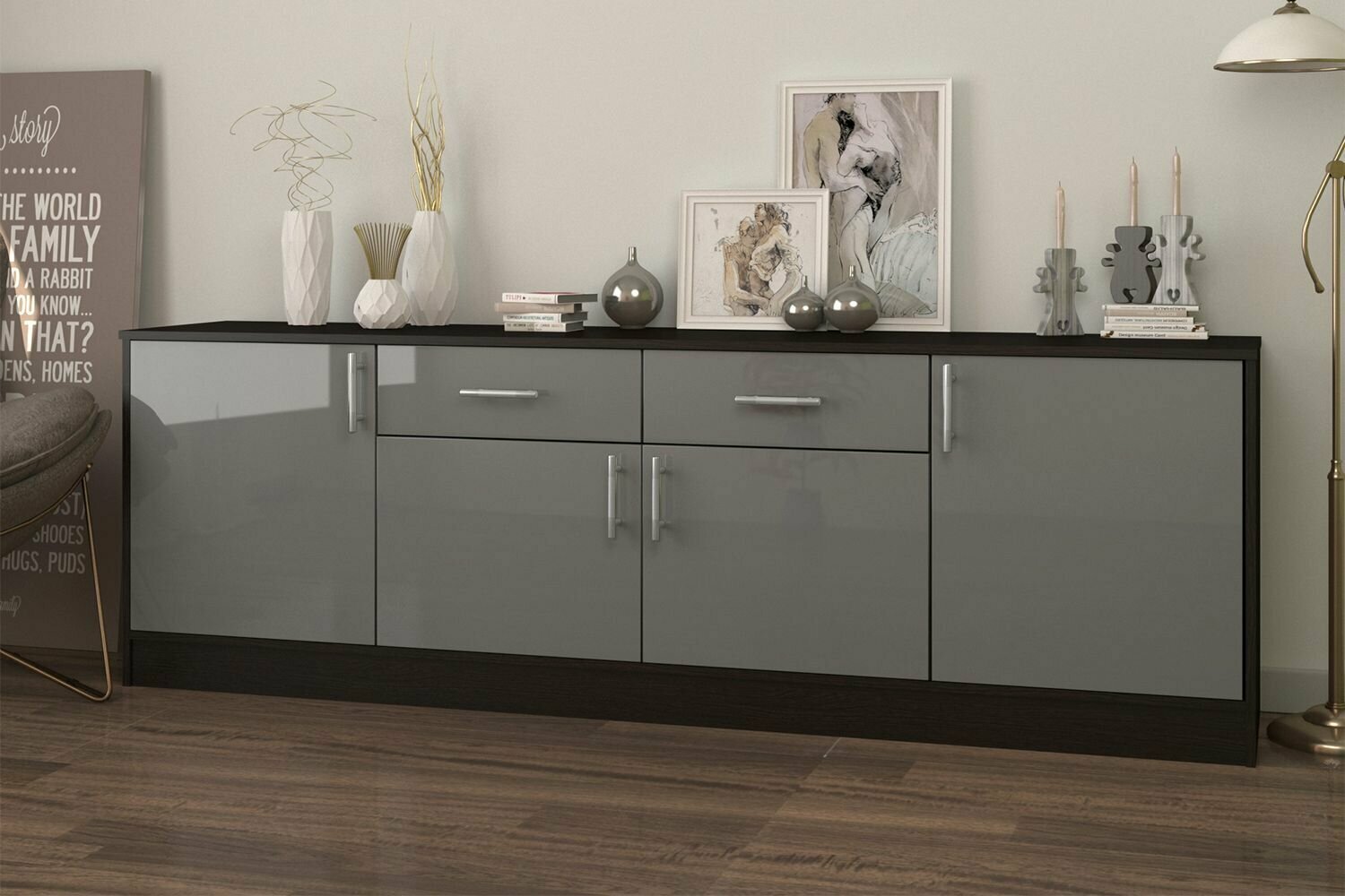 Комод Ричард 2.4 210х42х70 МДФ глянец Кобальт DM7038, корпус черный, 4 дверцы и 2 ящика