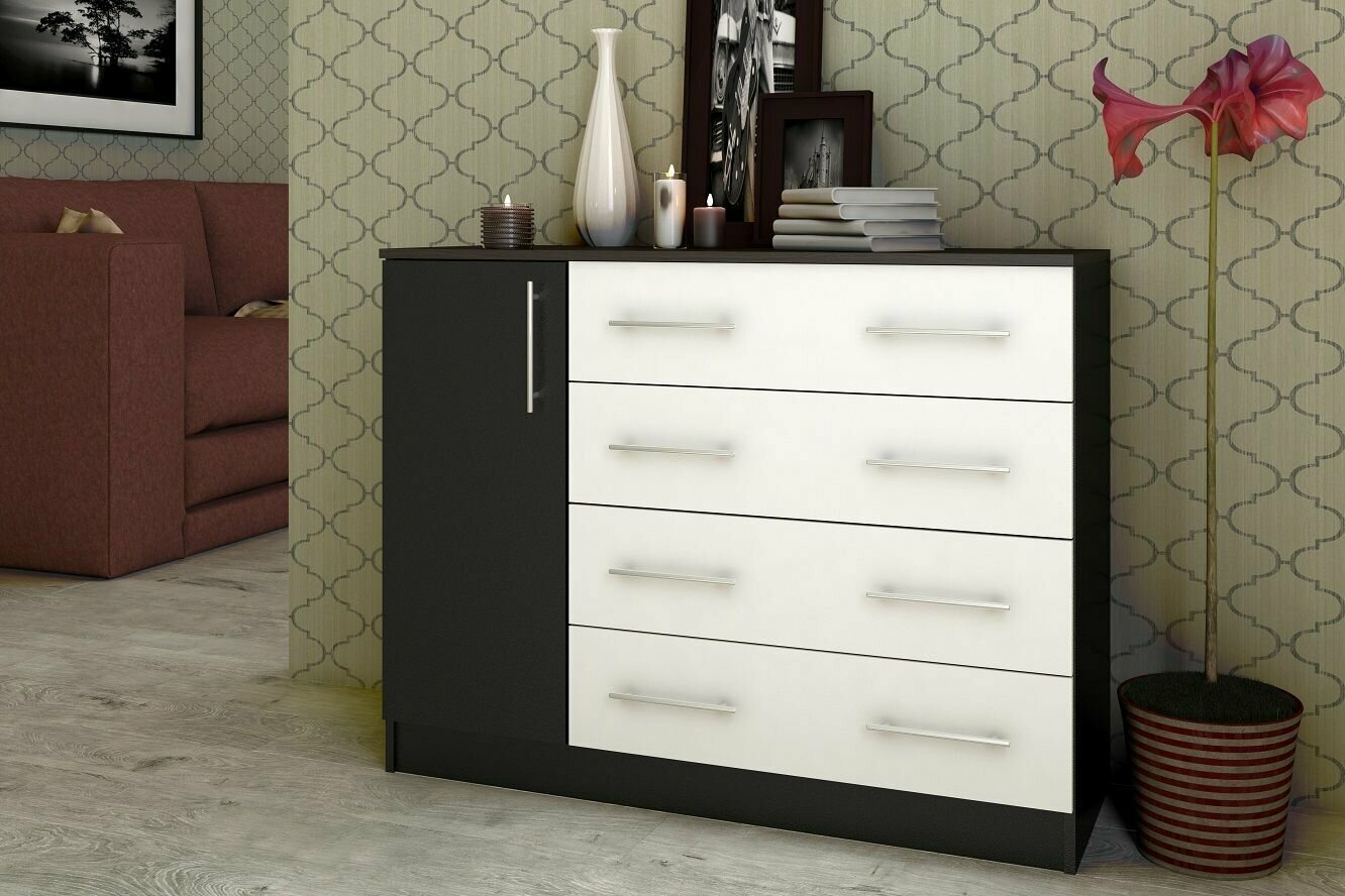 Комод Контраст 9 ЛДСП 110х44х90 венге цаво/белый гладкий, 4 ящика и дверца слева