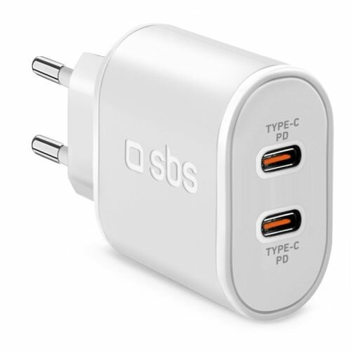 Зарядное устройство SBS Mobile мощностью 20 Вт с двумя выходами USB-C, белое