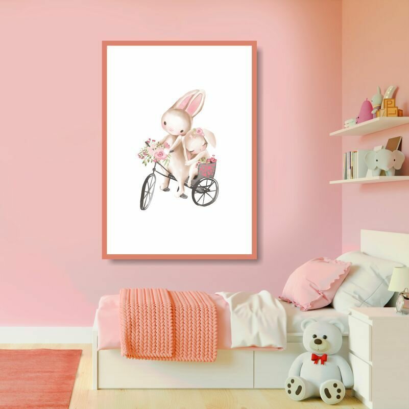 Постер Зайки с Цветами На Велосипеде Для Детской Вертикальный 30х40 см в тубусе ПолиЦентр
