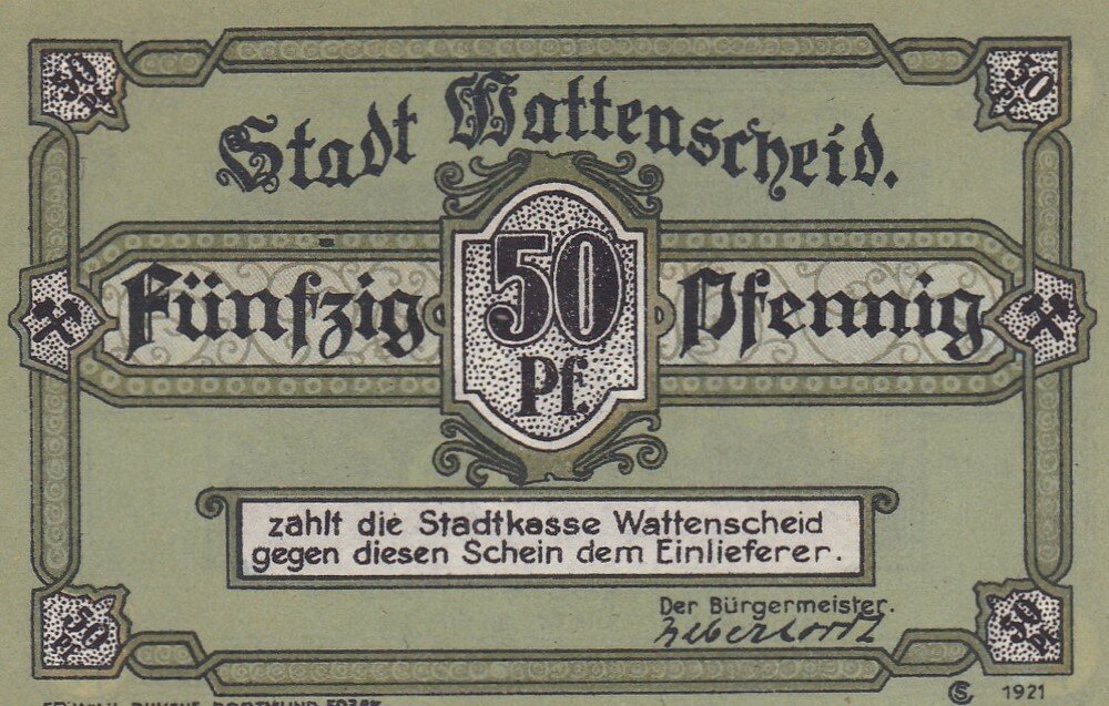Германия (Веймарская Республика) Ваттеншайд 50 пфеннигов 1921 г.