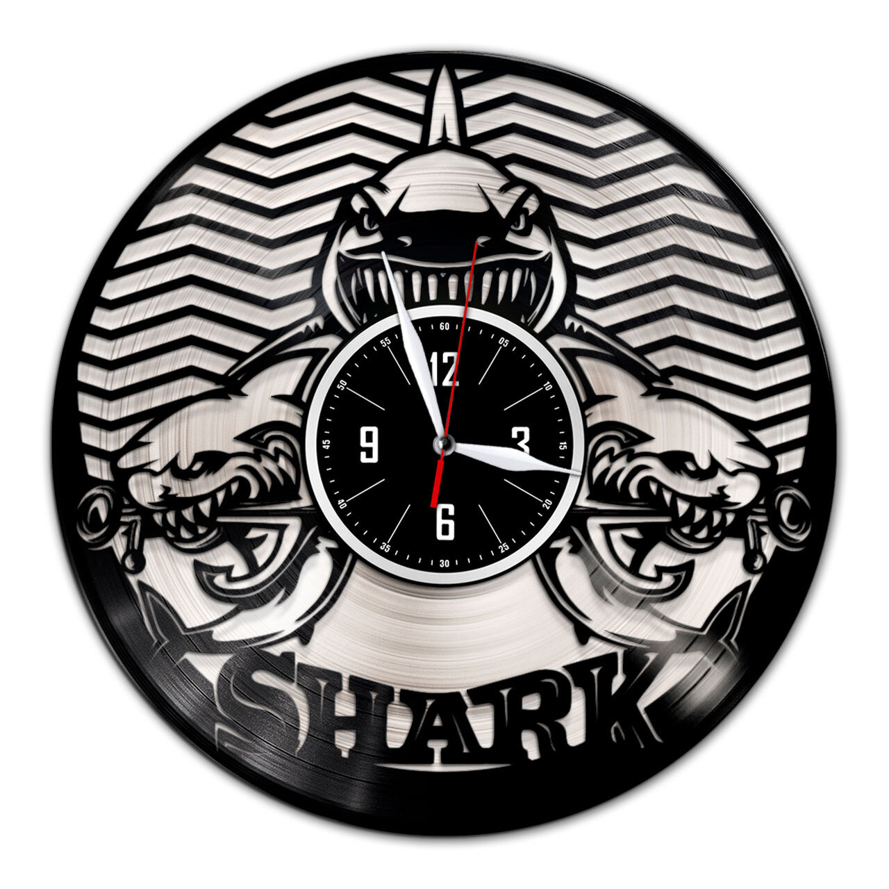 Акулы - настенные часы из виниловой пластинки (с серебряной подложкой)