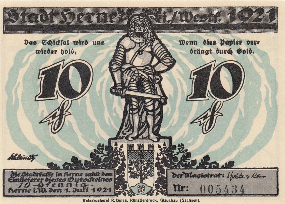 Германия (Веймарская Республика) Herne 10 пфеннигов 1921 г. (3)