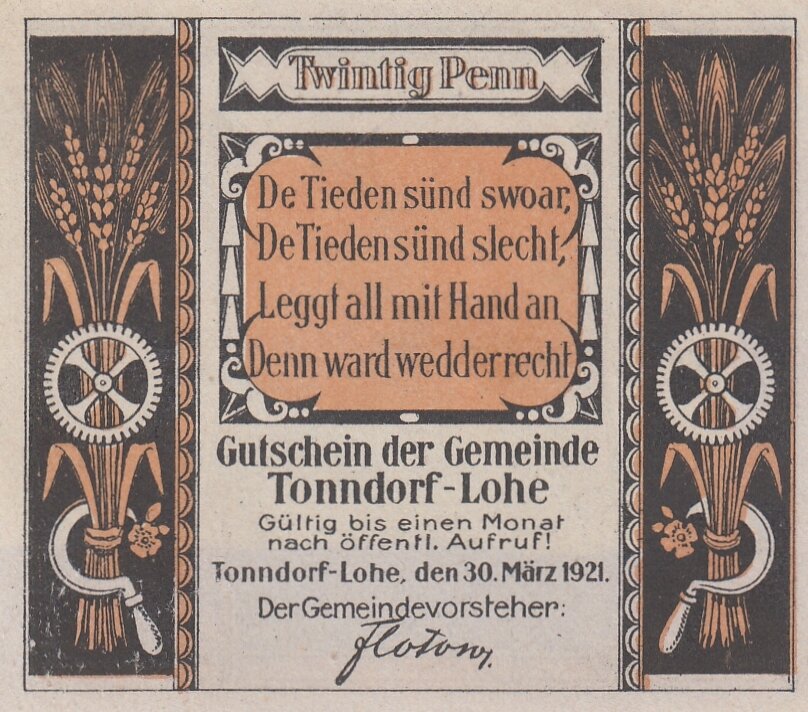 Германия (Веймарская Республика) Тонндорф-Лоэ 20 пфеннигов 1921 г. (5)