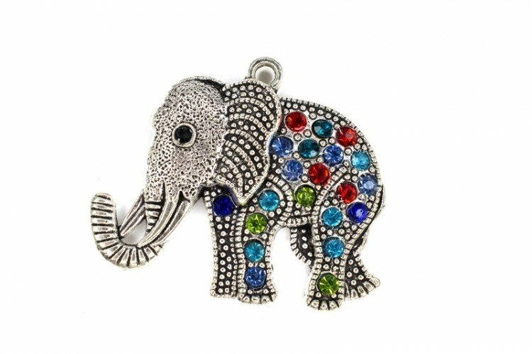 Подвеска Слон со стразами 43х51х5,5мм, отверстие 3,5мм, цвет античное серебро/разноцветный, сплав металлов, 22-220, 1шт