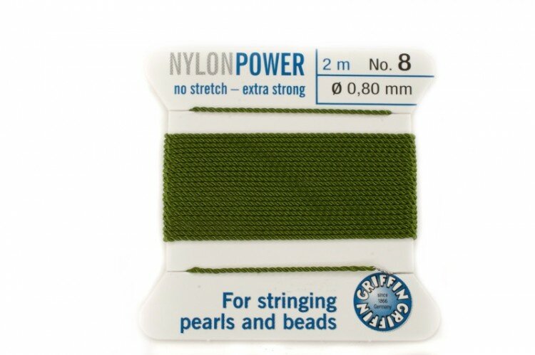 Нить для жемчуга и бисера Griffin с иглой, диаметр 0,8мм, длина 2м, цвет оливковый, 1030-152, 1шт