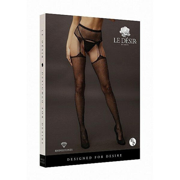 Чулки с поясом со стразами Suspender Rhinestone Pantyhose сетка, черный