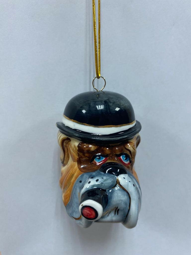 Игрушка на елку Собака с сигарой коричневая, фарфор