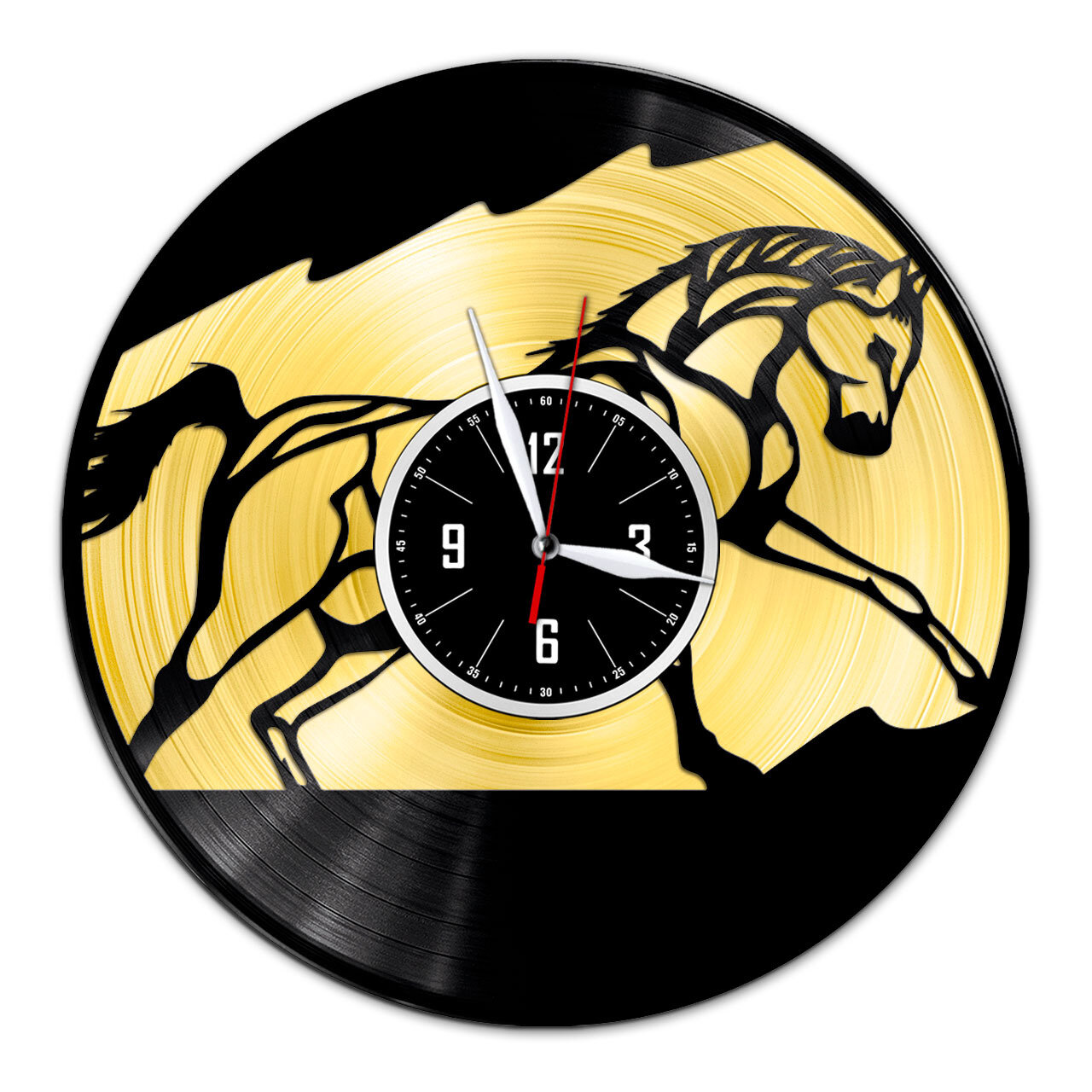 Конь #3 - настенные часы из виниловой пластинки (с золотой подложкой)