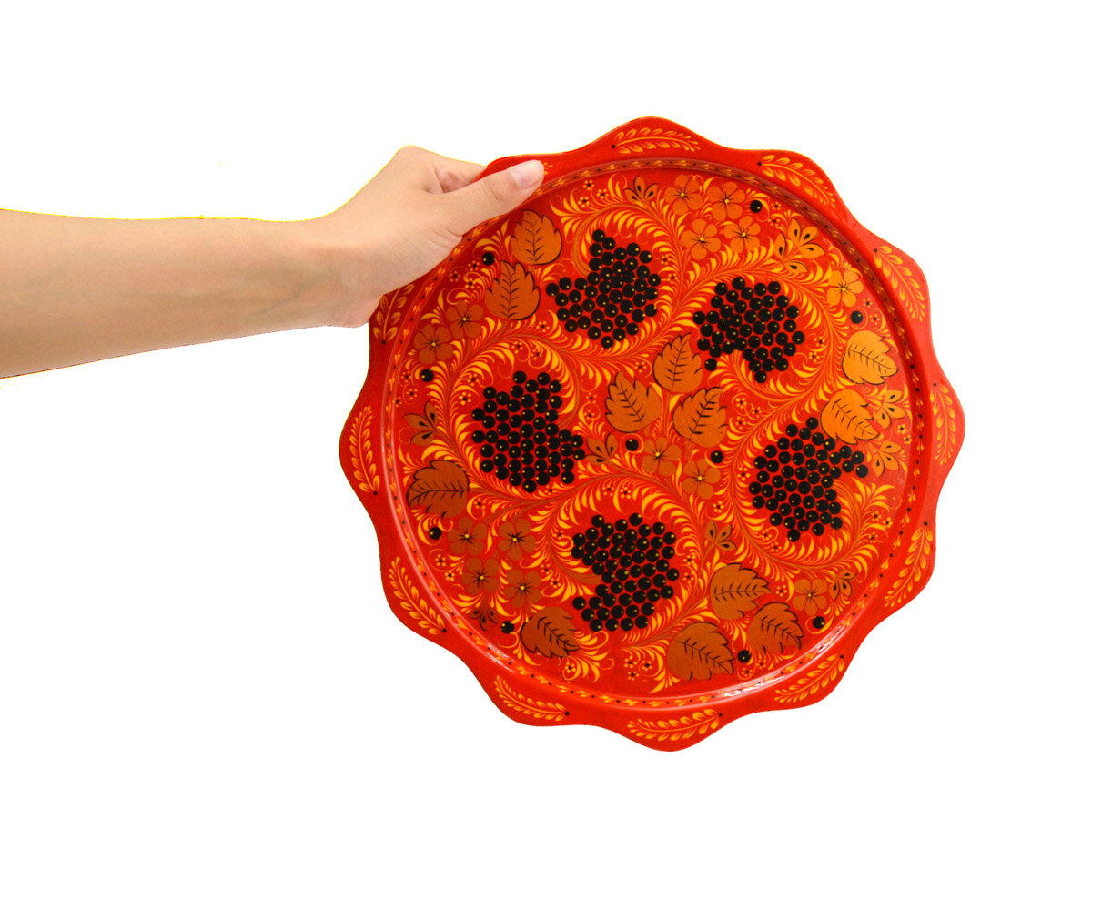 Поднос деревянный средний хохлома "Черная смородина" D30