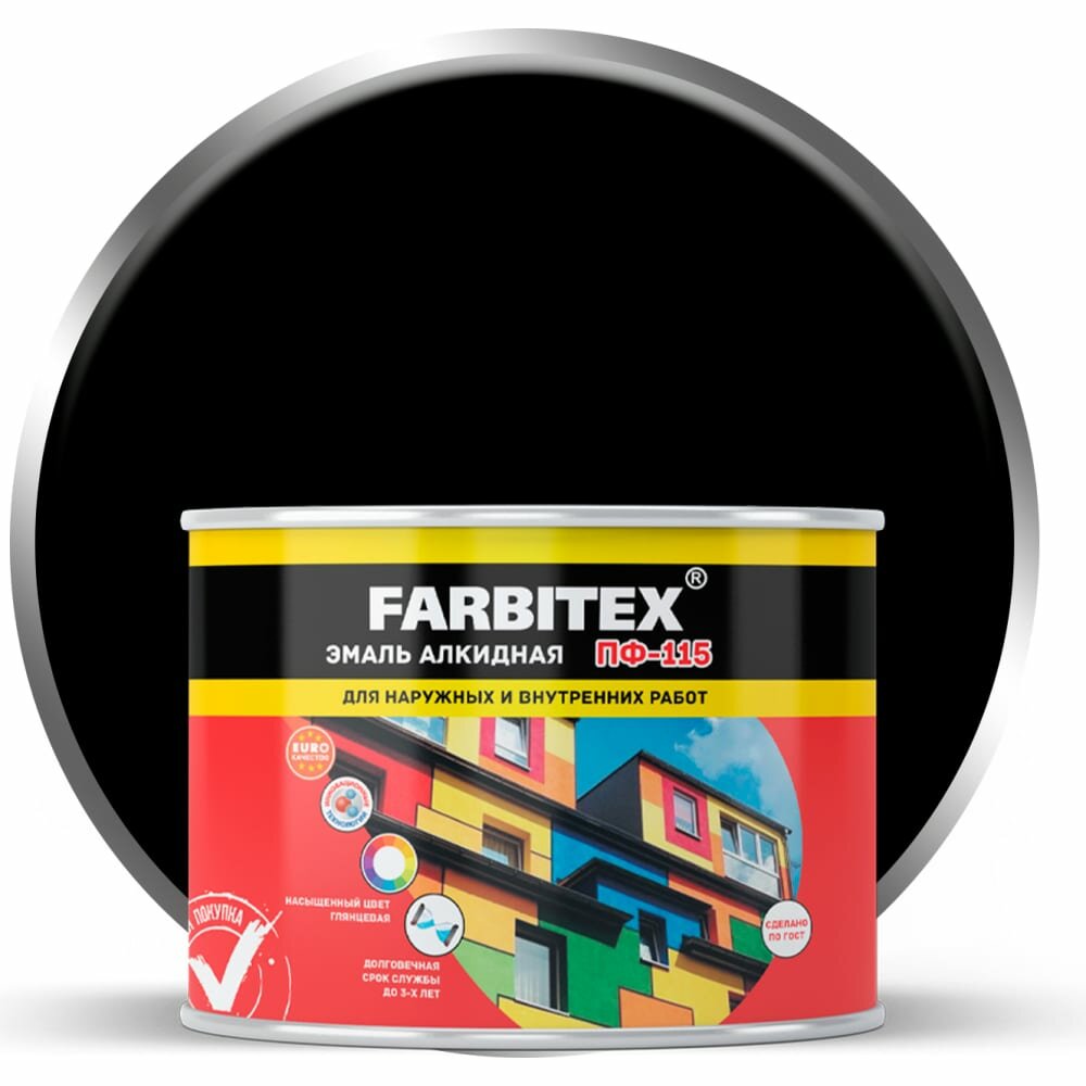 Алкидная эмаль FARBITEX ПФ-115 (черный; 0.4 кг) 4300009075, 3 л, деревянная