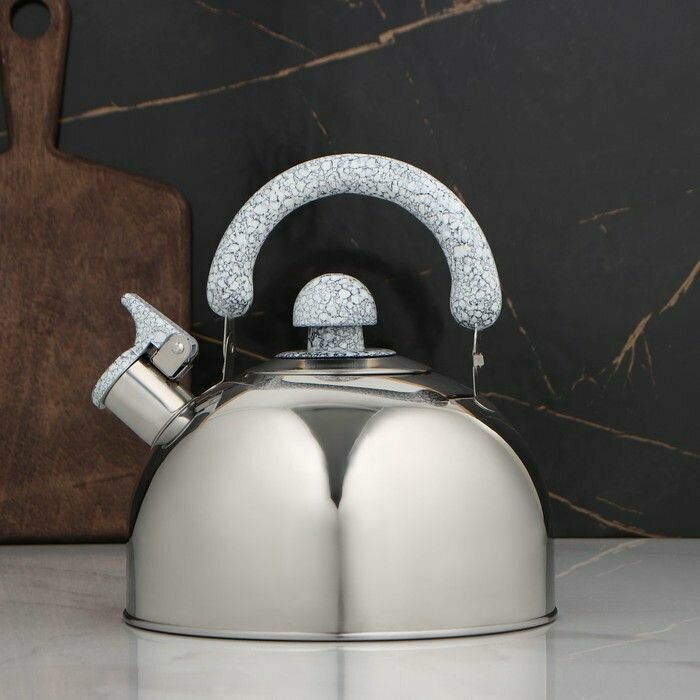 Чайник со свистком из нержавеющей стали Доляна Мрамор , 3 л, фиксированная ручка, цвет хромированный