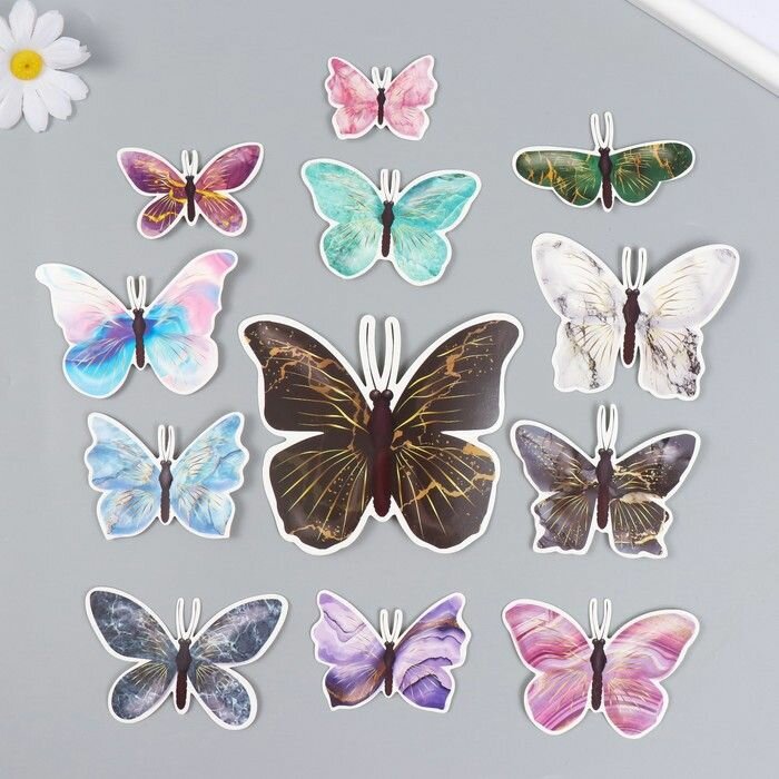 Бабочки картон "Мрамор с золотом" набор 12 шт h 4-10 см на магните