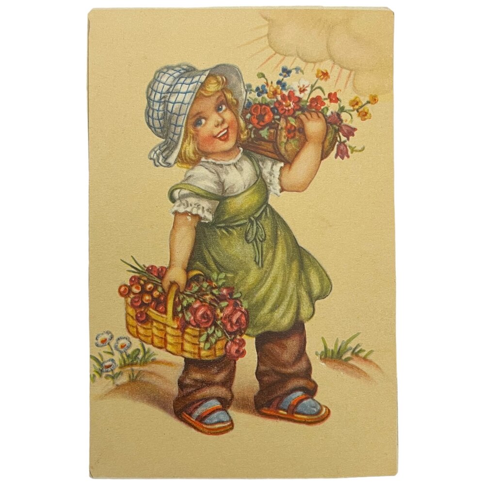 Почтовая открытка "Девочка с цветами" 1940-1960 гг. ГДР