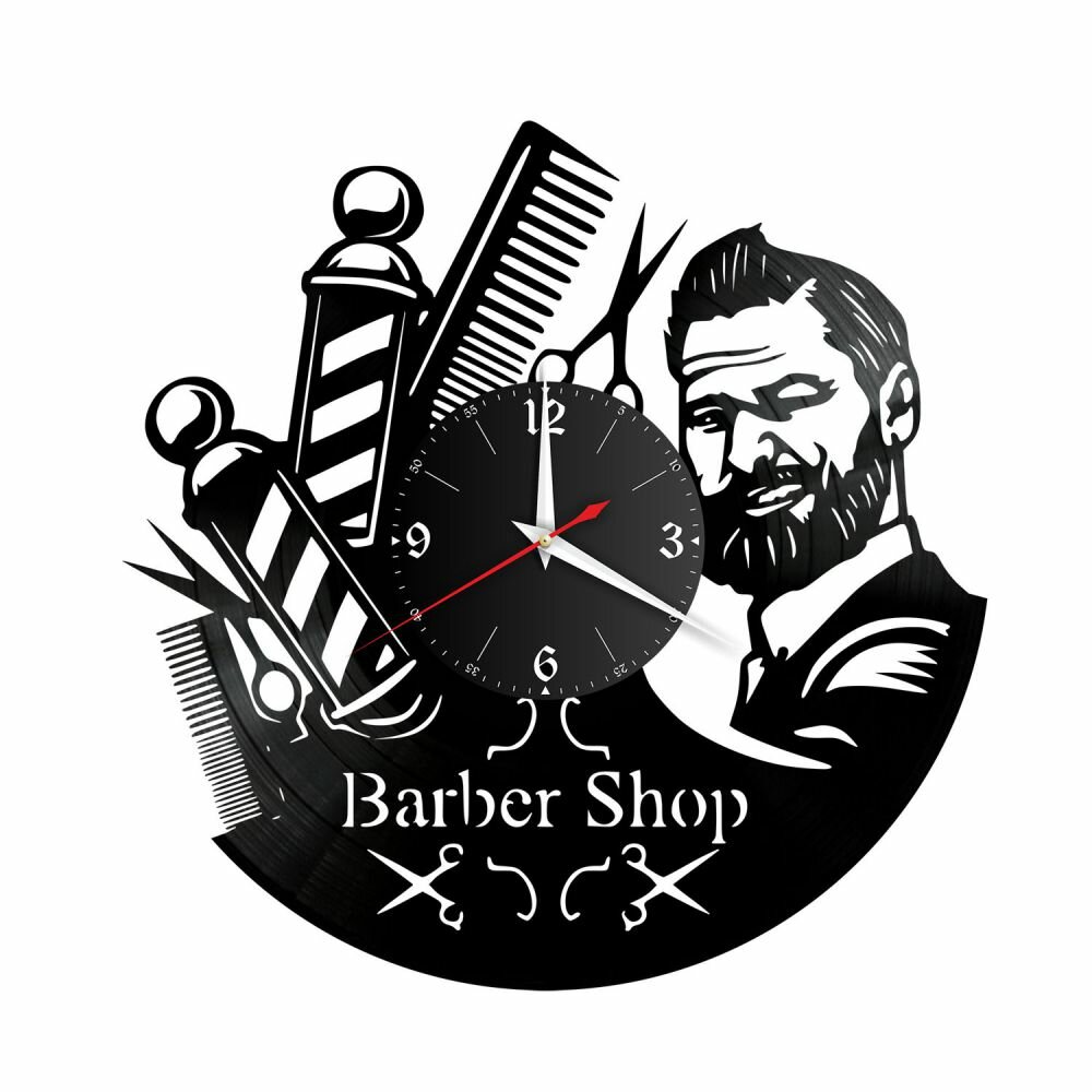 Часы из винила Redlaser "Парикмахерская (Барбершоп), Barber Shop, ножницы, бритва, усы" VW-10632