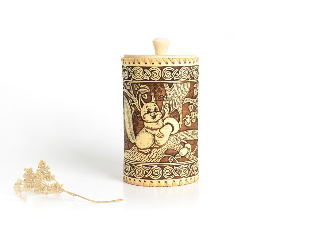 Туес из бересты "Белочка и грибочек" D10 H17