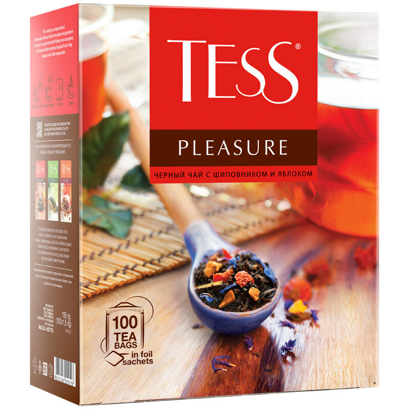 Чай Tess "Pleasure", черный, тропич. фрукты, лепестки цветов, шиповник, яблоко, 100 фольг. пакетиков по 1,5г, 260721