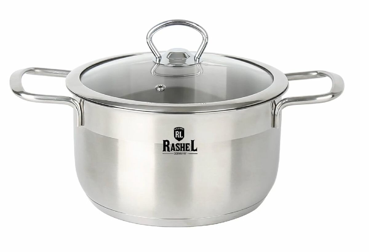 Кастрюля RASHEL R-50 гретта со стеклянной крышкой 5.0л, нержавеющая сталь