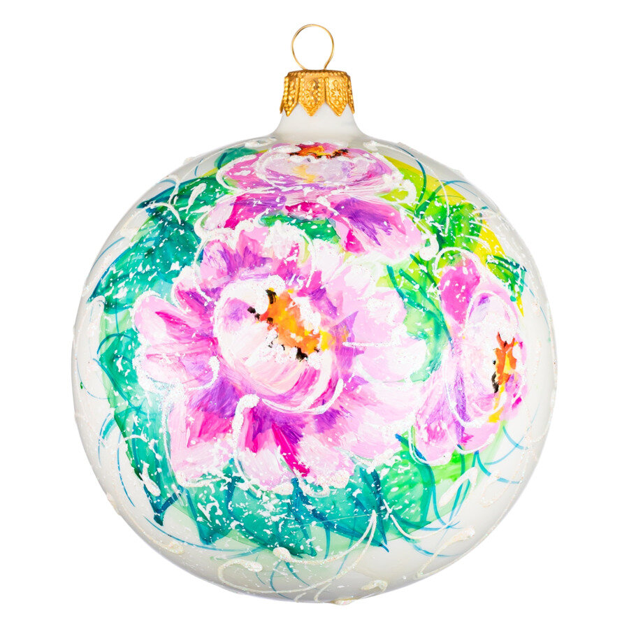Украшение елочное шар Bartosh Пионы 10 см, стекло, премиум качество, элитная