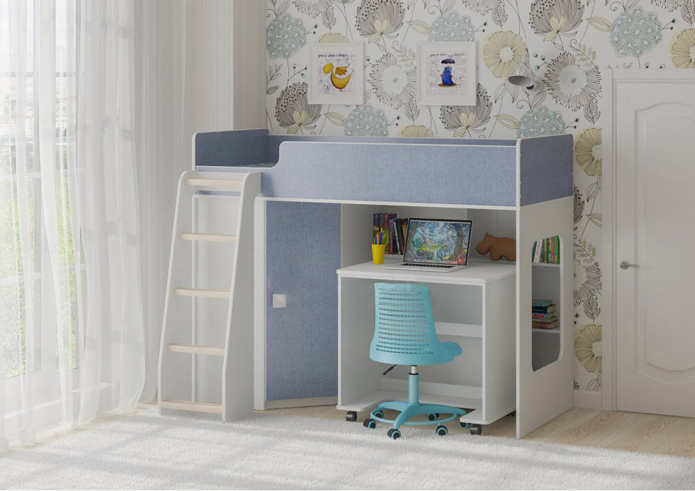 Кровать чердак Л-42.2.4 Белый Светло Синий/Голубой