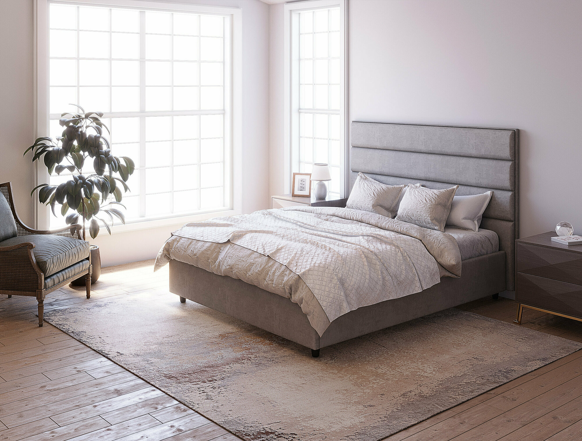 Двуспальная кровать 120х200, "City" с мягким изголовьем для дома, для спальни, ортопедическое основание. Велюр Серый (без подъёмного механизма) Teddy 023