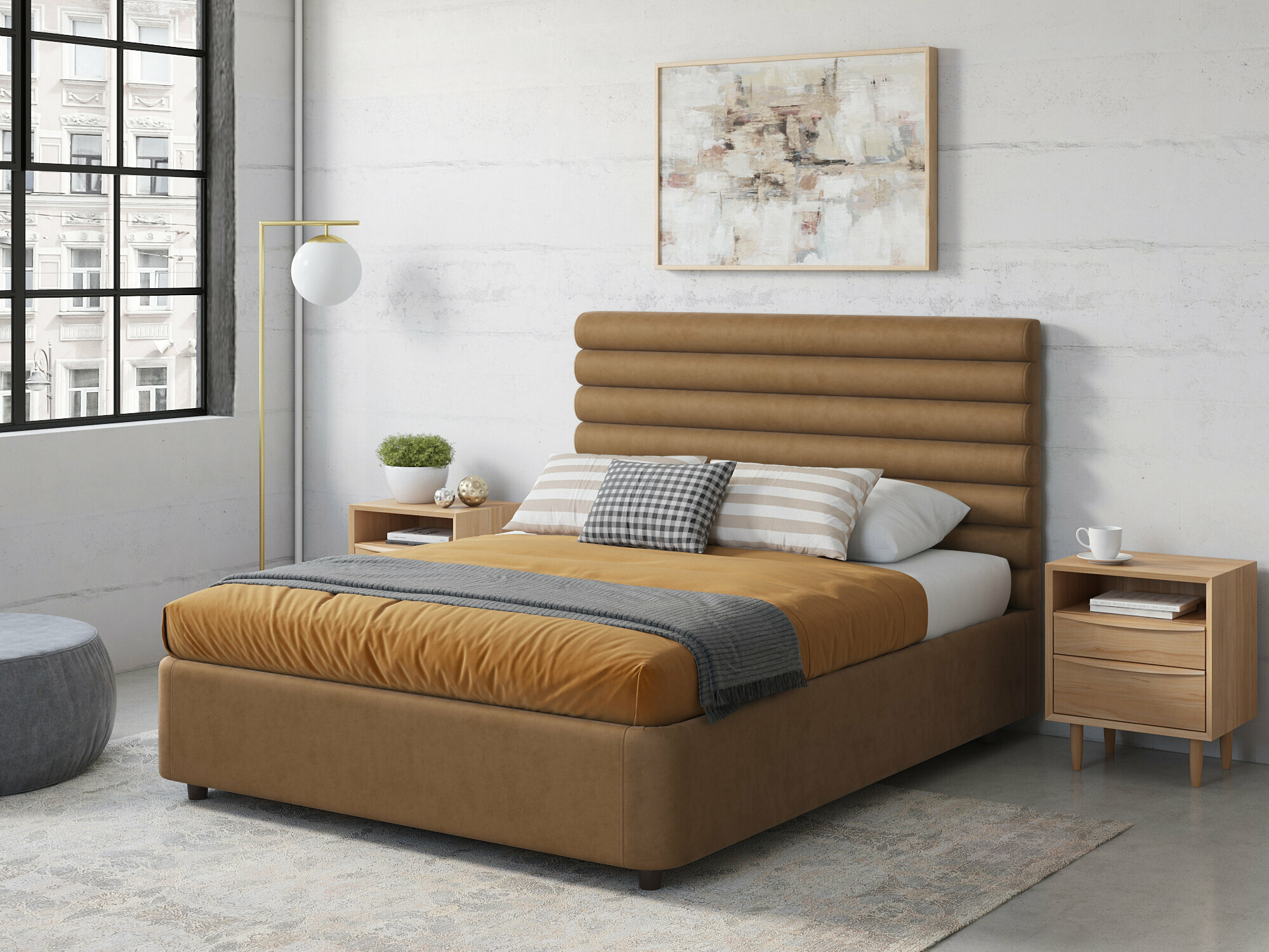 Двуспальная кровать 120х200, "Kelly" с мягким изголовьем для дома, для спальни, ортопедическое основание. Велюр Бежевый (без подъёмного механизма) Vip 4