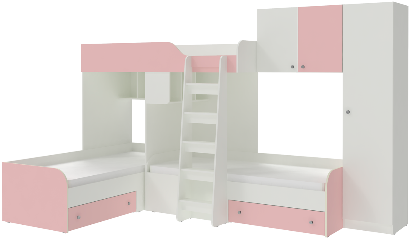Кровать чердак Трио 2 Белый Розовый