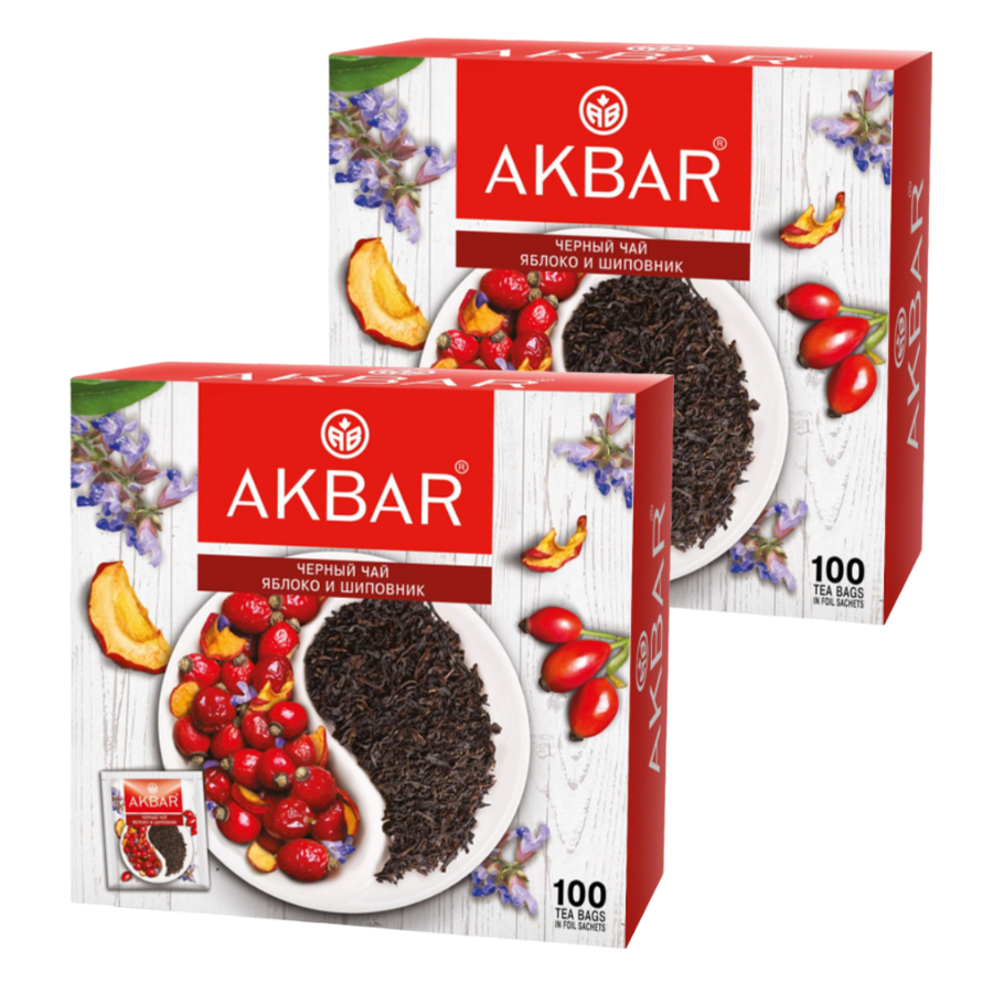Чай черный Акбар Яблоко и Шиповник 100 пакетиков 2 штуки