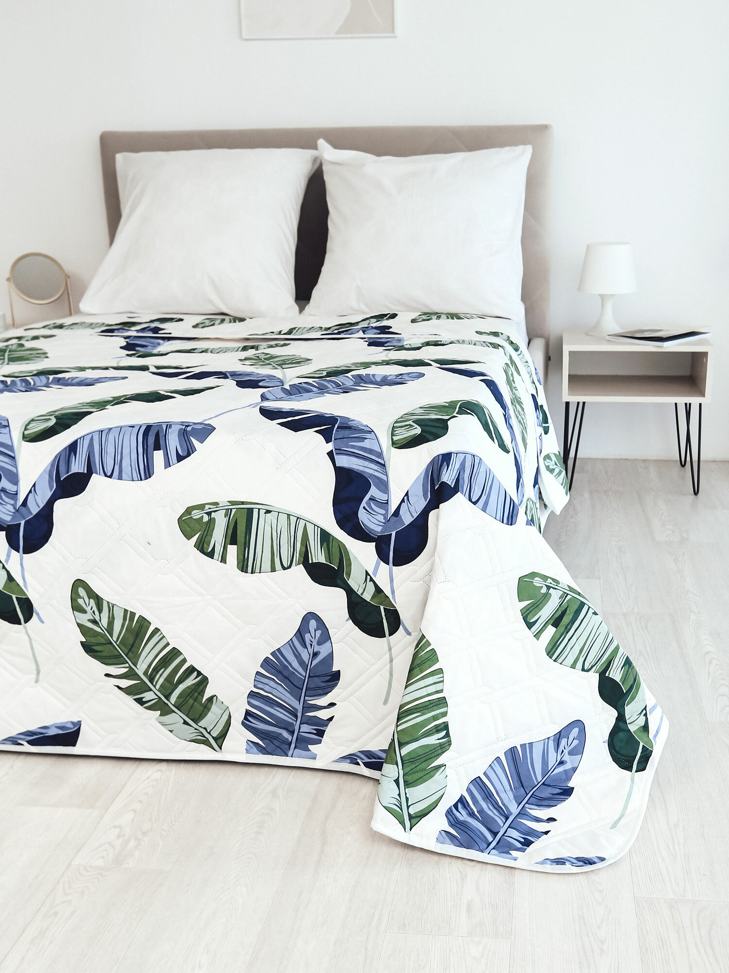 Покрывало стеганое из полисатина PLB-014 Elintale (кремовый-синий), 215x240