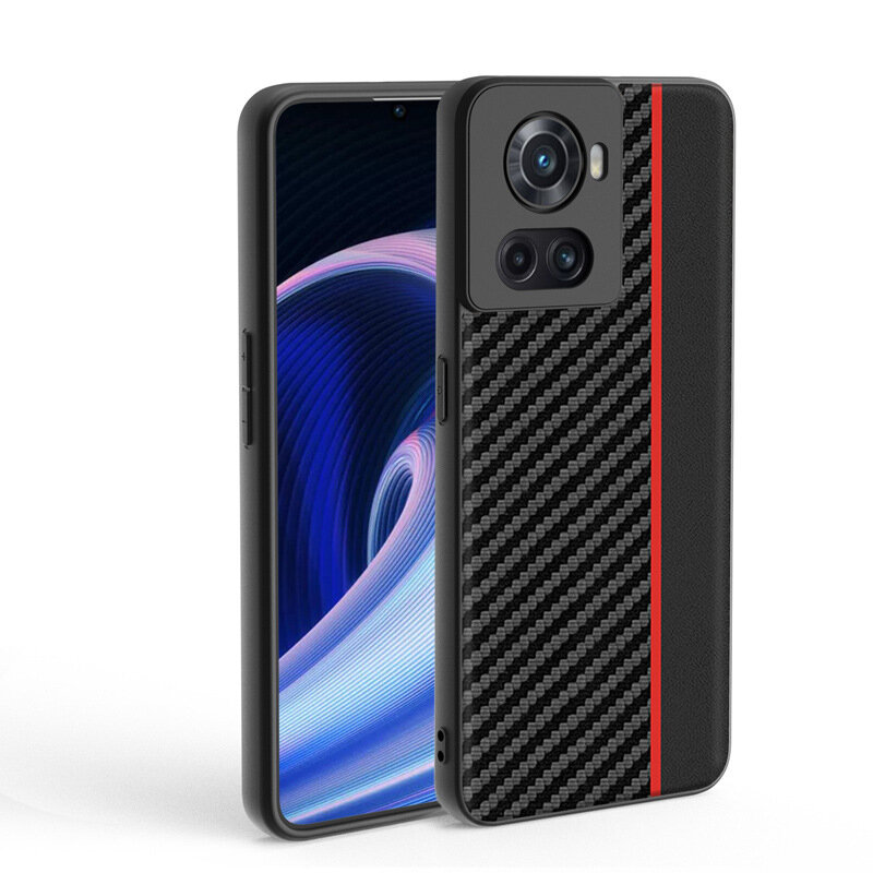 Чехол бампер MyPads из пластика с отделкой под карбон для OnePlus Ace с вставкой из кожи черная с красной полосой
