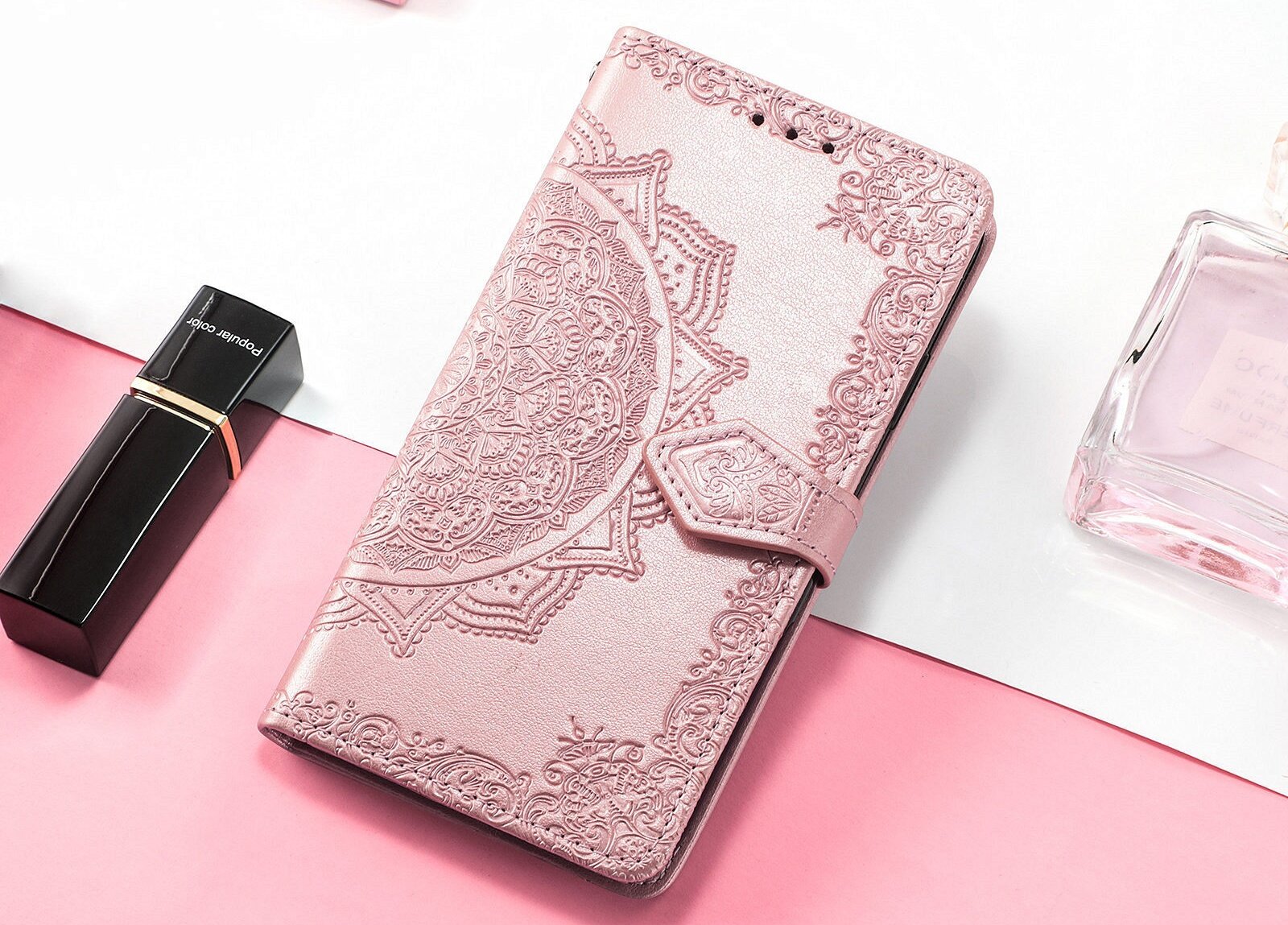 Чехол Samsung Galaxy A34 из эко-кожи с тиснением с красивыми загадочными узорами, розовый