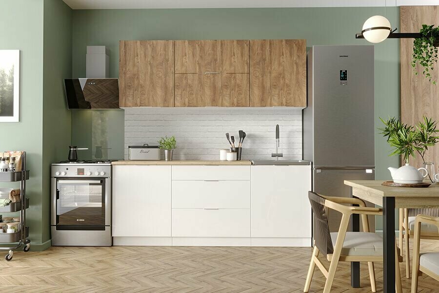 Кухонный гарнитур Асти 1,6 вайт, столешница дуб бунратти, направляющие скрытого монтажа