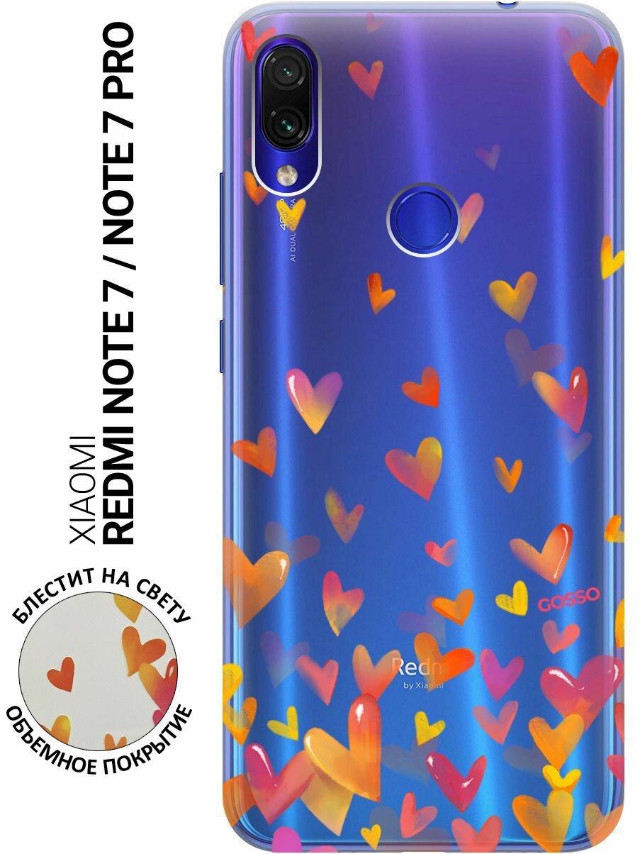 Силиконовый чехол на Xiaomi Redmi Note 7, Note 7 Pro, Сяоми Редми Ноут 7, Ноут 7 Про с 3D принтом "Flying Hearts" прозрачный