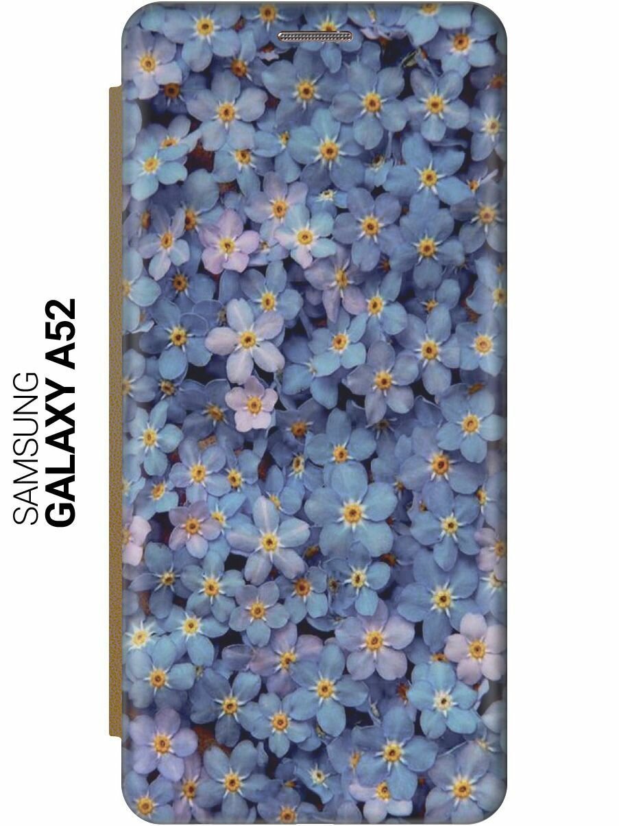 Чехол-книжка на Samsung Galaxy A52, Самсунг А52 c принтом "Голубые фиалки" золотистый