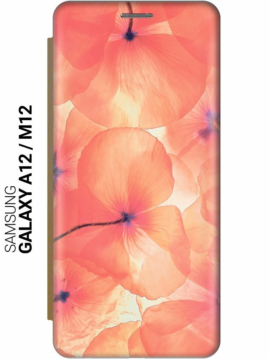 Чехол-книжка на Samsung Galaxy A12, M12, Самсунг А12, М12 c принтом "Солнечные цветы" золотистый