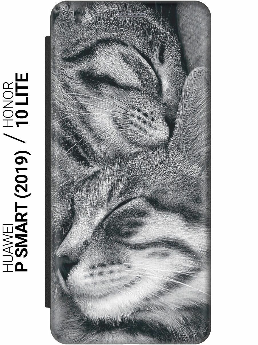 Чехол-книжка на Honor 10 Lite, Huawei P Smart (2019), Хуавей П Смарт (2019), Хонор 10 Лайт c принтом "Милующиеся котики" черный