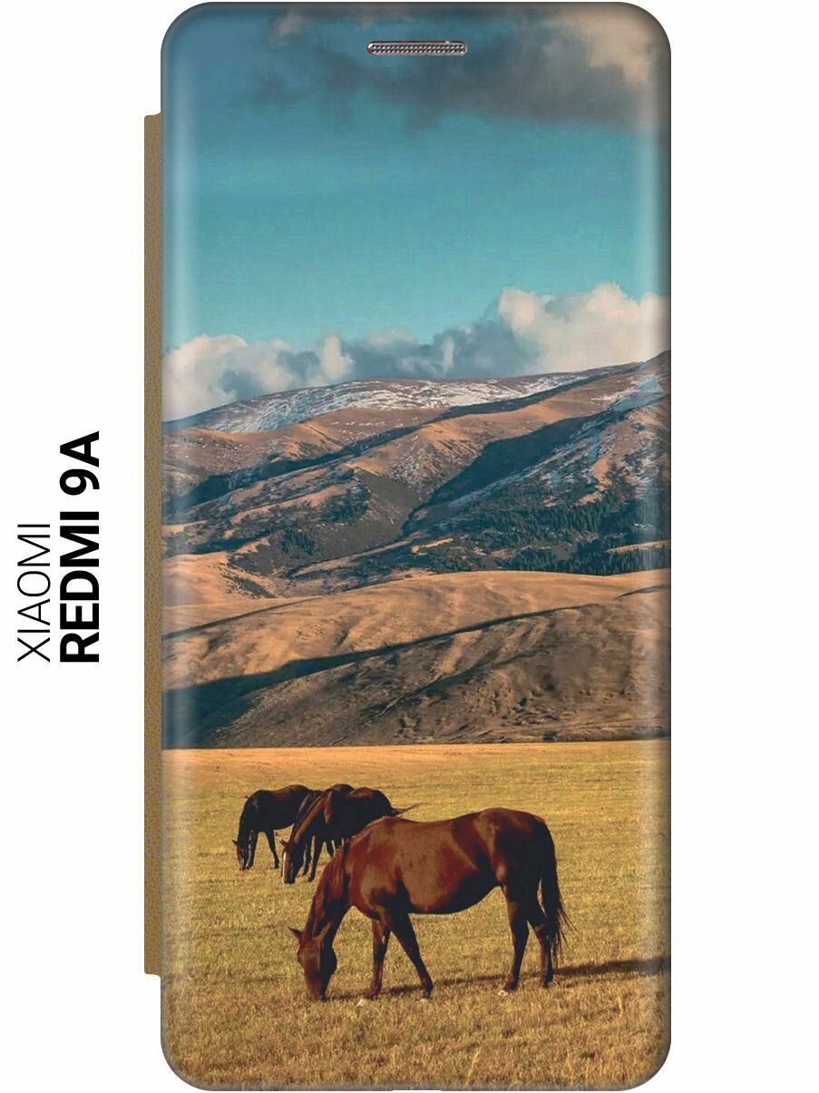 Чехол-книжка на Xiaomi Redmi 9A, Сяоми Редми 9А c принтом "Пастбище" золотистый