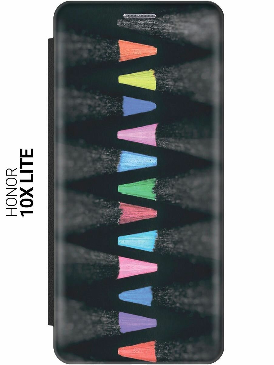 Чехол-книжка на Honor 10x Lite, Хонор 10Х Лайт c принтом "Разноцветные карандаши" черный
