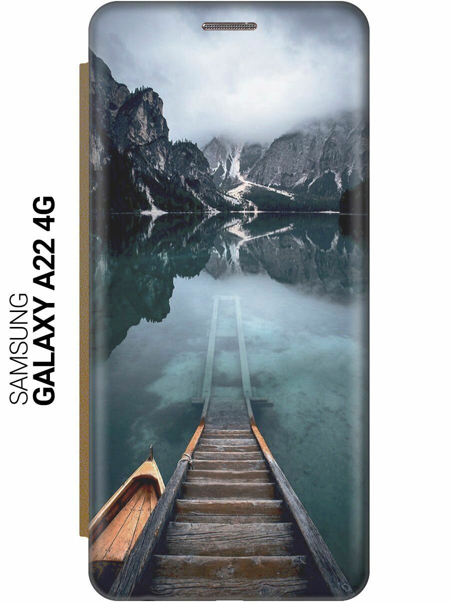 Чехол-книжка на Samsung Galaxy A22, M32, M22, Самсунг А22, М32, М22 c принтом "Горы, озеро, облака" золотистый