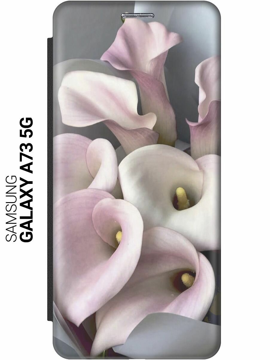 Чехол-книжка на Samsung Galaxy A73 5G, Самсунг А73 5Г c принтом "Розовые каллы" черный