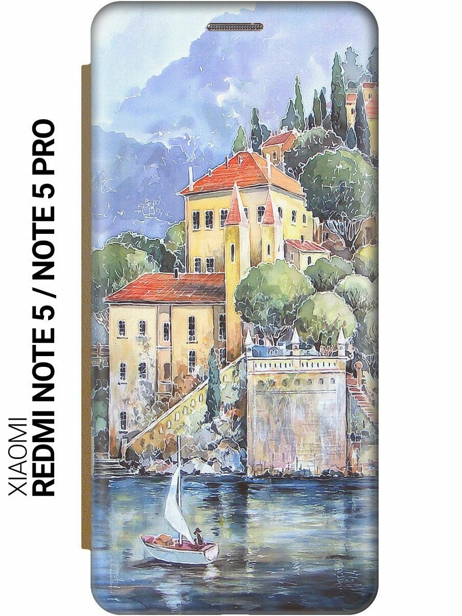 Чехол-книжка на Xiaomi Redmi Note 5, Note 5 Pro, Сяоми Редми Ноут 5, Ноут 5 Про c принтом "Город у моря" золотистый