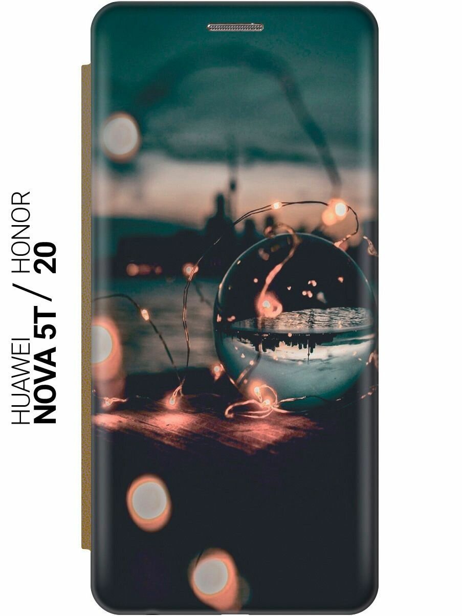 Чехол-книжка на Honor 20, Huawei Nova 5T, Хонор 20, Хуавей Нова 5Т c принтом "Вечер, отдых" золотистый