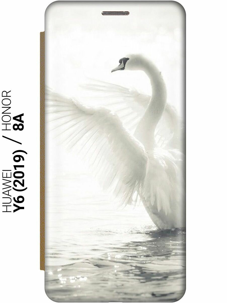 Чехол-книжка на Honor 8A, 8A Pro, Huawei Y6 (2019), Y6 Prime (2019), Хуавей Хонор 8а c принтом "Лебедь" золотистый