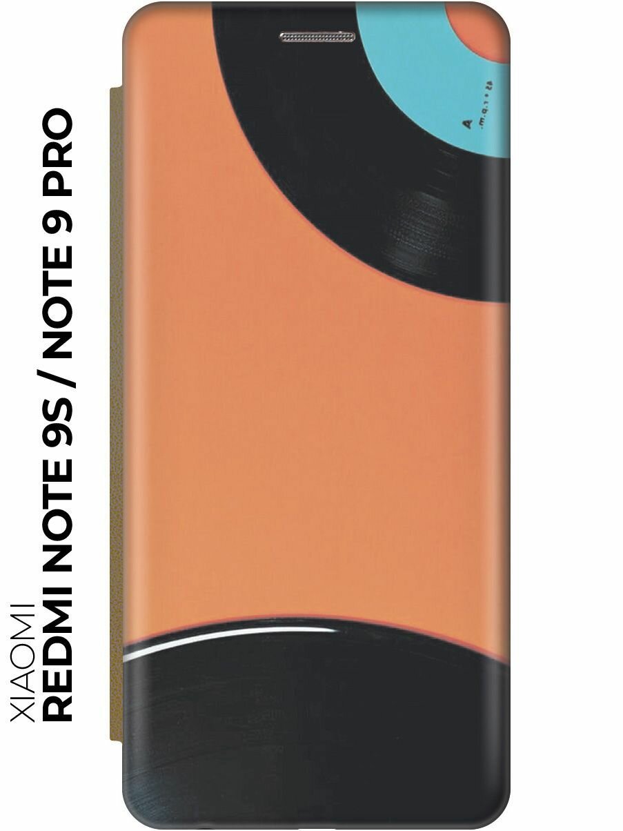 Чехол-книжка Пластинки на оранжевом на Xiaomi Redmi Note 9s / Note 9 Pro / Сяоми Редми Ноут 9с / Ноут 9 Про с эффектом блика золотой