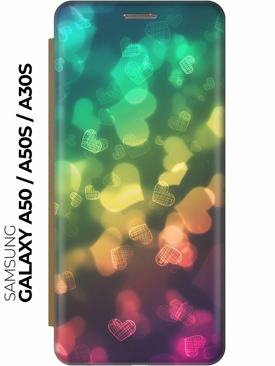 Чехол-книжка Сердечки на Samsung Galaxy A50 / A50s / A30s / Самсунг А50 / А30с / А50с золотой