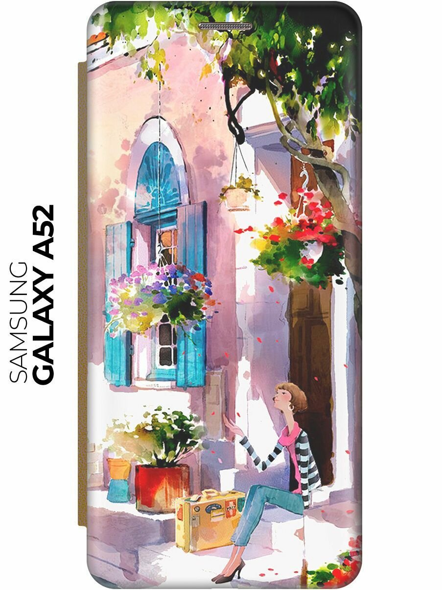 Чехол-книжка Девочка на цветущей улочке на Samsung Galaxy A52 / Самсунг А52 золотой