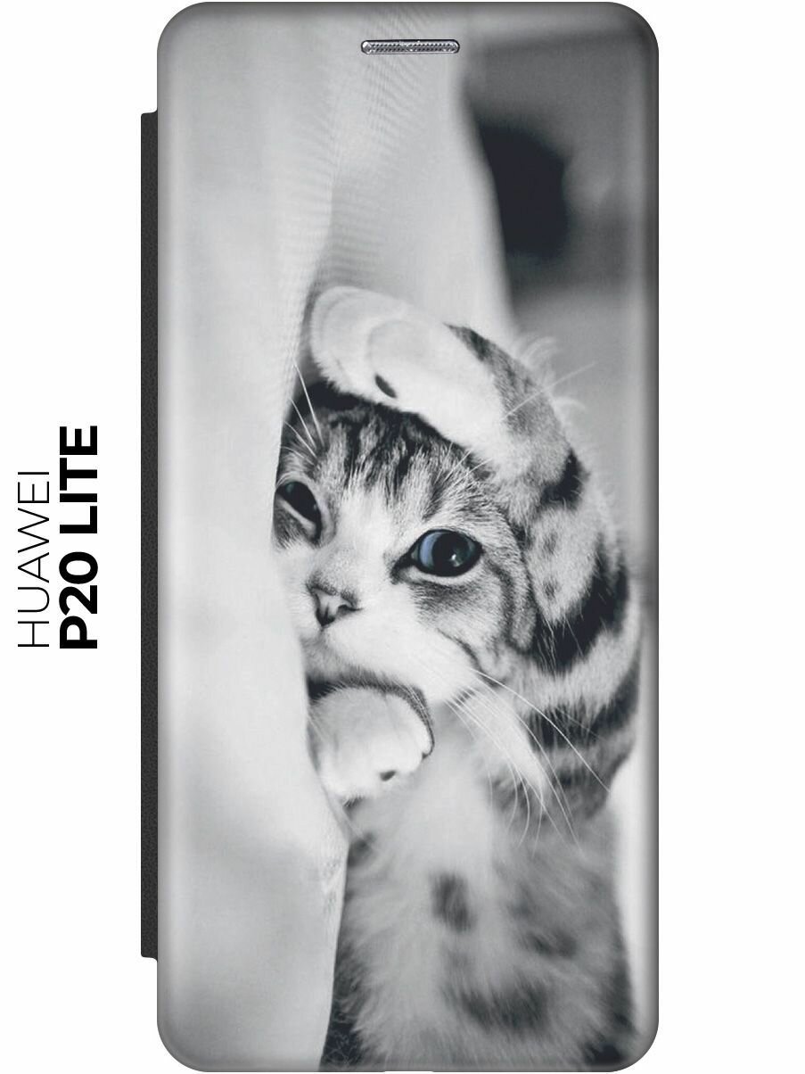 Чехол-книжка Игривый котенок на Huawei P20 Lite / Nova 3e / Хуавей П20 Лайт / Нова 3Е черный