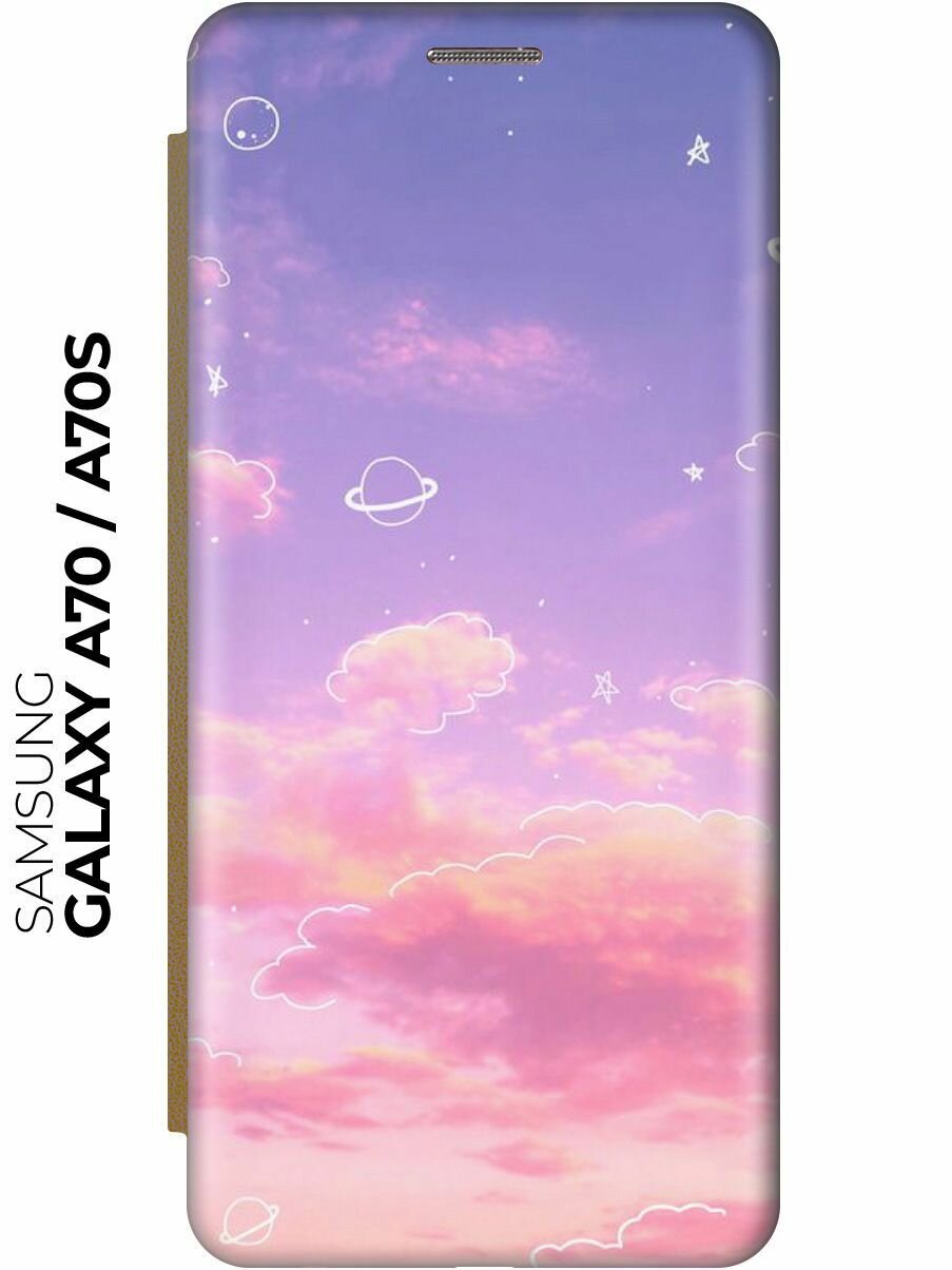 Чехол-книжка Розовое небо и космос на Samsung Galaxy A70 / A70s / Самсунг А70 / А70с золотой