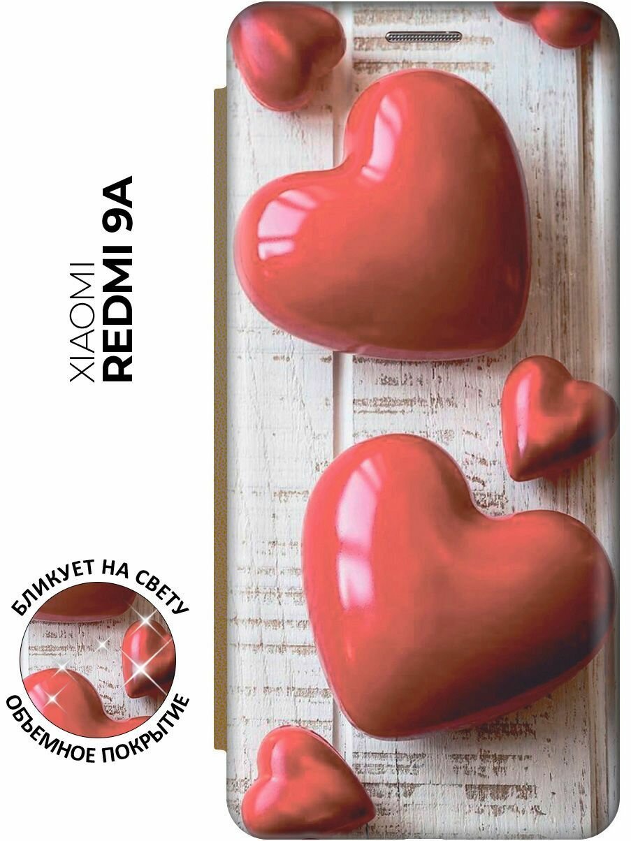 Чехол-книжка Сердечки на белом столе на Xiaomi Redmi 9A / Сяоми Редми 9А с эффектом блика золотой